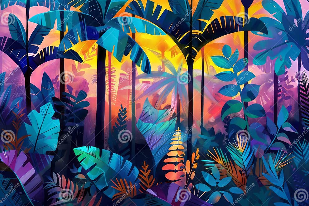 Abstract Rainforest Scene with Unique Style. Stock Illustration ...