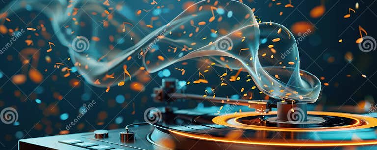 Abstract Record Player with Flowing Notes in a Vibrant 3D Background ...