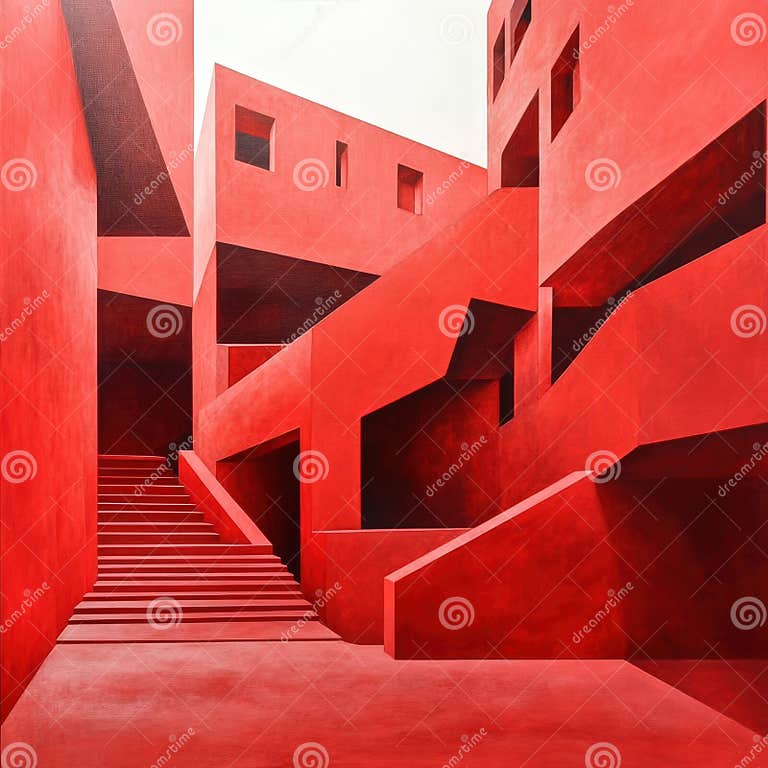 Abstract Red Architectural Scene with Geometric Stairs Stock Photo ...