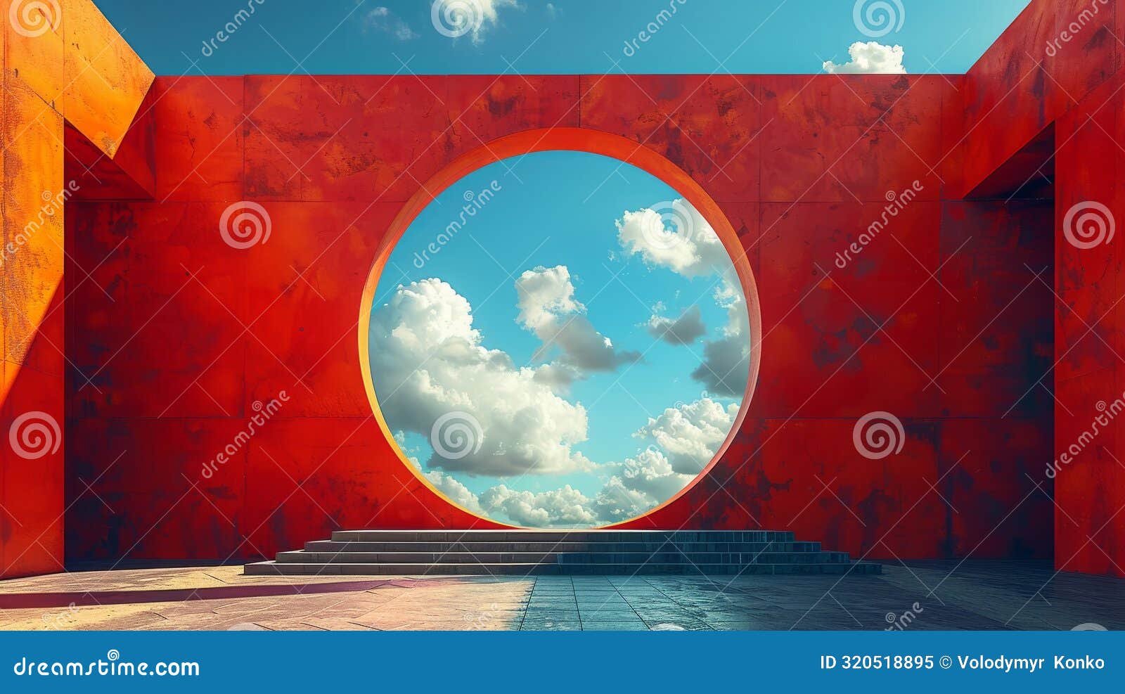 Abstract Red Architectural Structure with Circular Opening Framing Blue ...