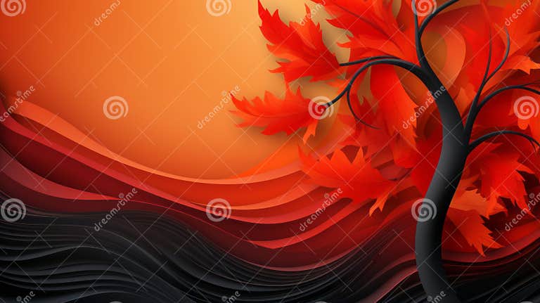 An Abstract Red and Black Tree on an Orange and Black Background Stock ...