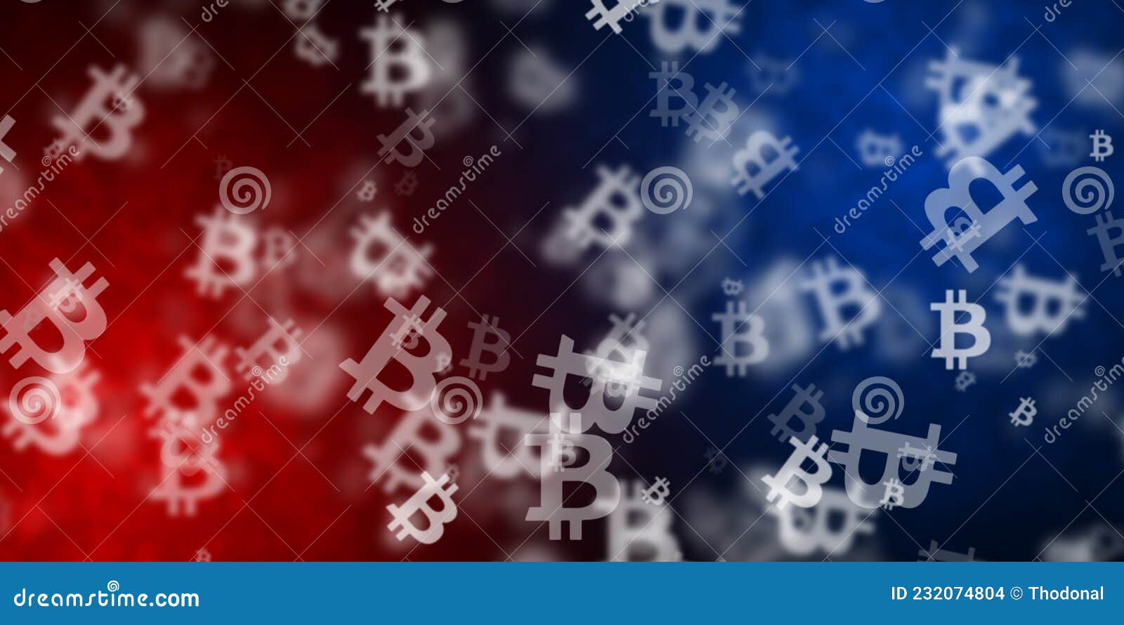 Abstract Red and Blue Background with Flying Bitcoin Logos Stock Photo ...