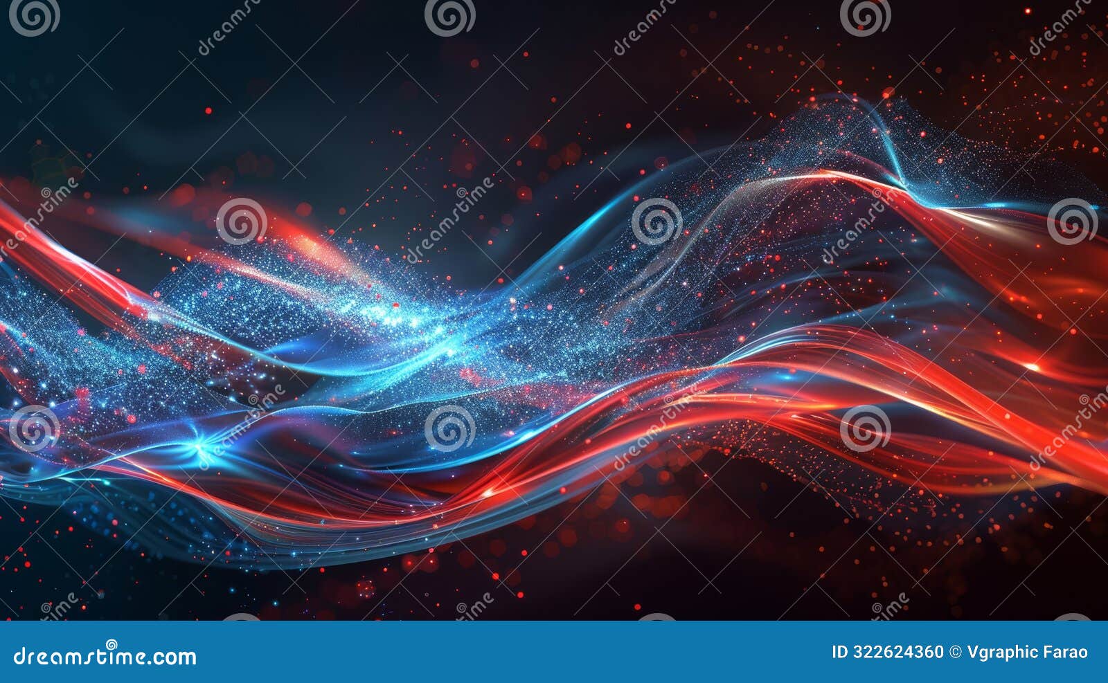Abstract Red and Blue Light Waves with Sparkles on Dark Background ...