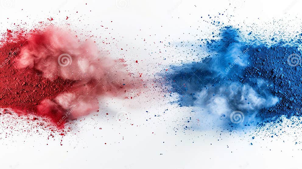 Abstract Red and Blue Powder Collision on a White Background, Creating ...