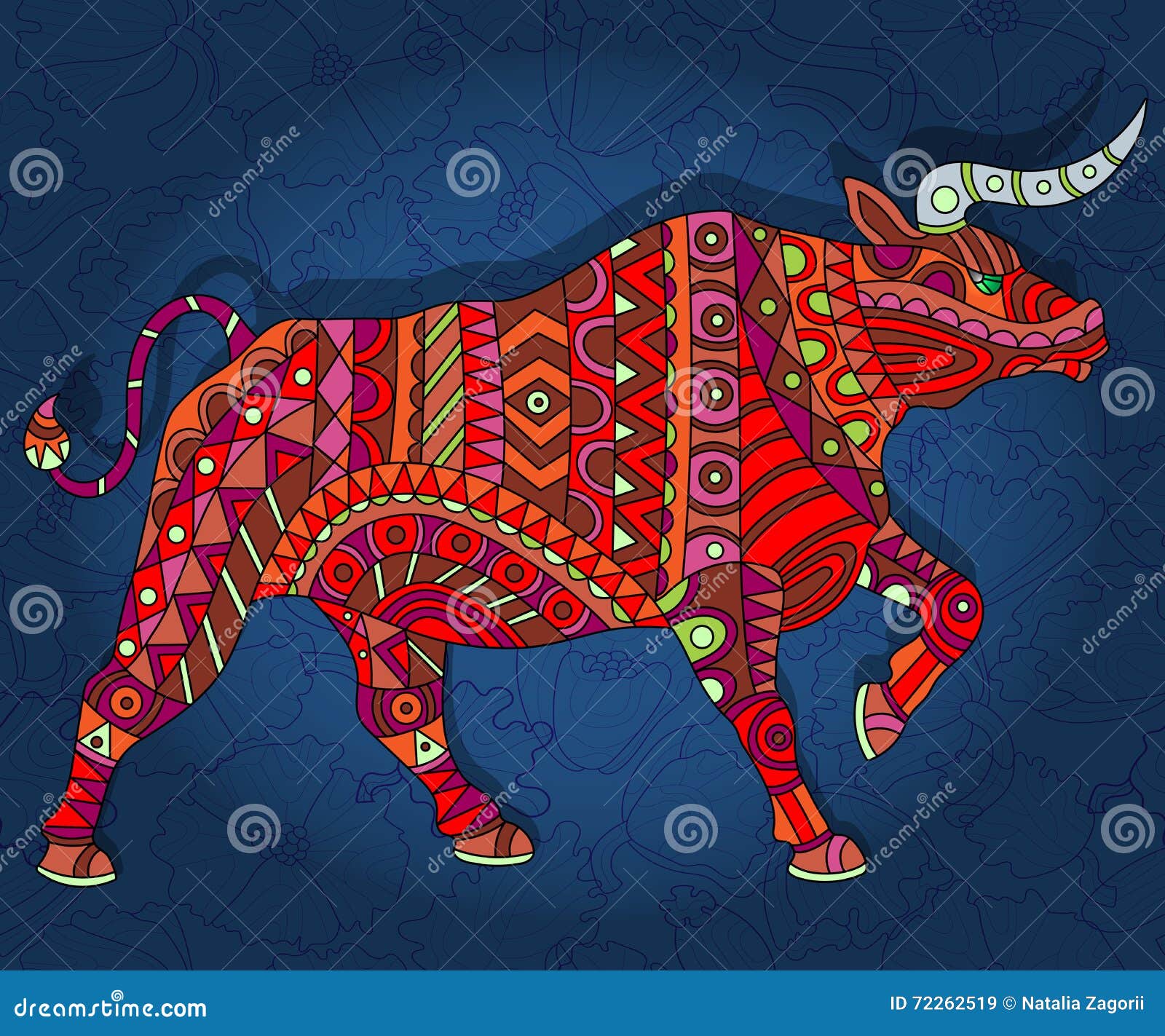 Abstract Red Bull with Geometric Patterns on a Dark Blue Floral ...