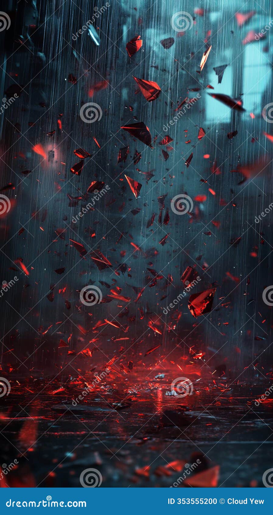 Abstract Red Crystal Shards Falling in Dark Atmospheric Scene with ...
