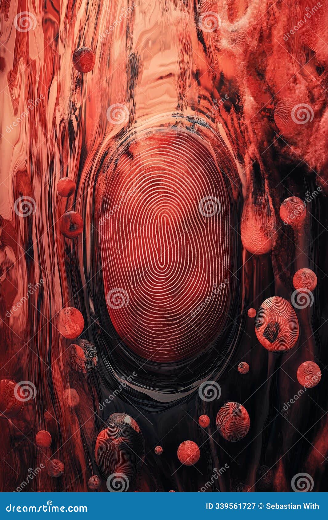Abstract Red Fingerprint Surrounded by Floating Bubbles on a Dark ...