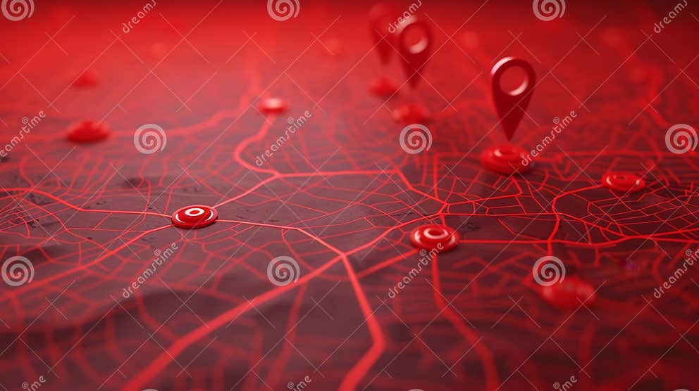 Abstract Red Map with Location Pins and Pathways Stock Photo - Image of ...
