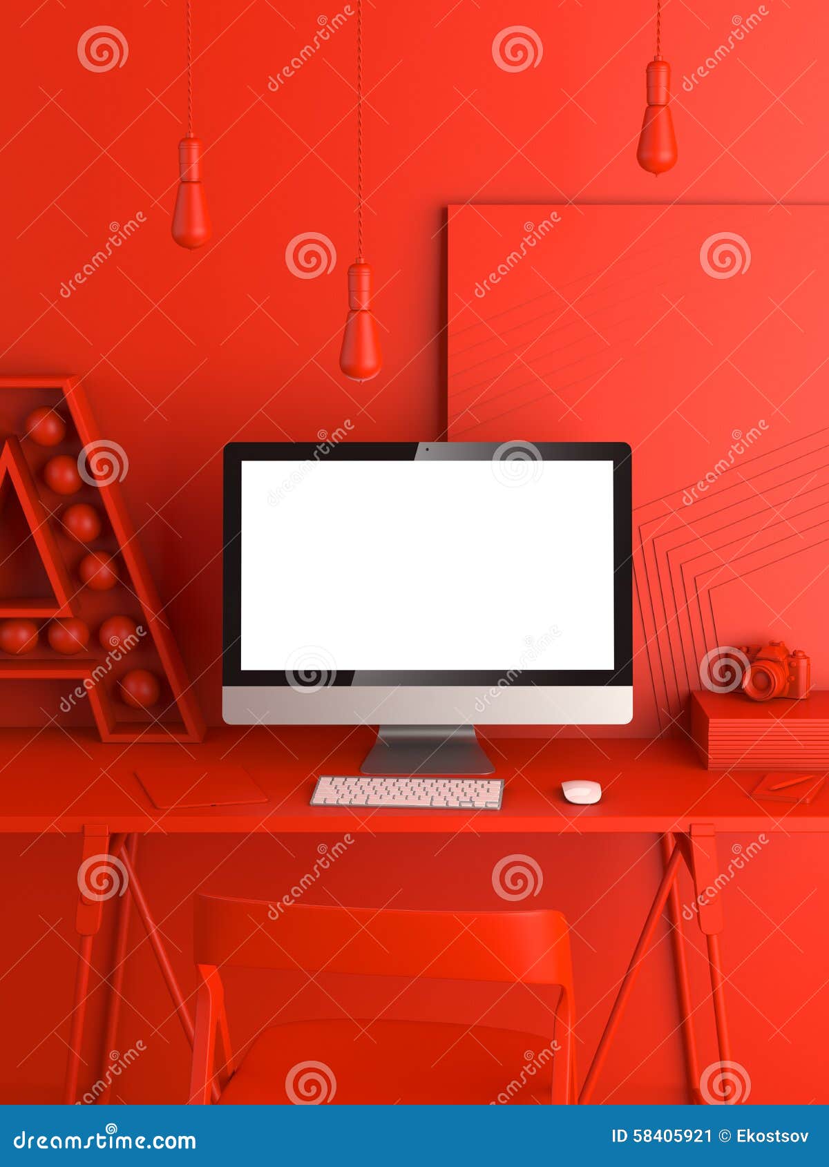 Abstract Red Modern Workspace. 3d Rendering Stock Image - Image of ...