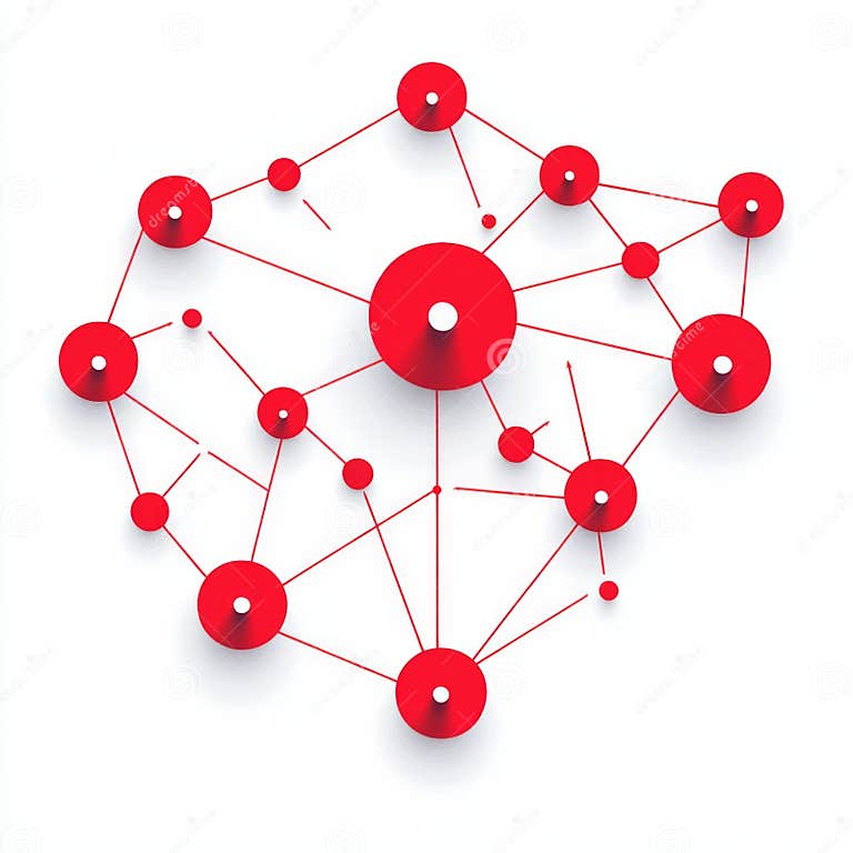 Abstract Red Network of Connected Circular Nodes on White Background ...