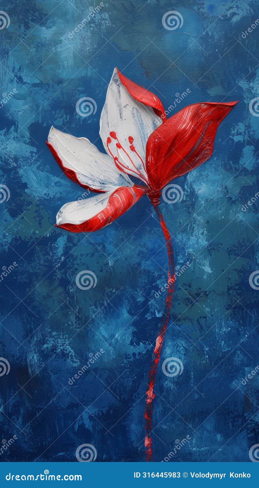 Abstract Red and White Flower on a Textured Blue Background Stock Image ...