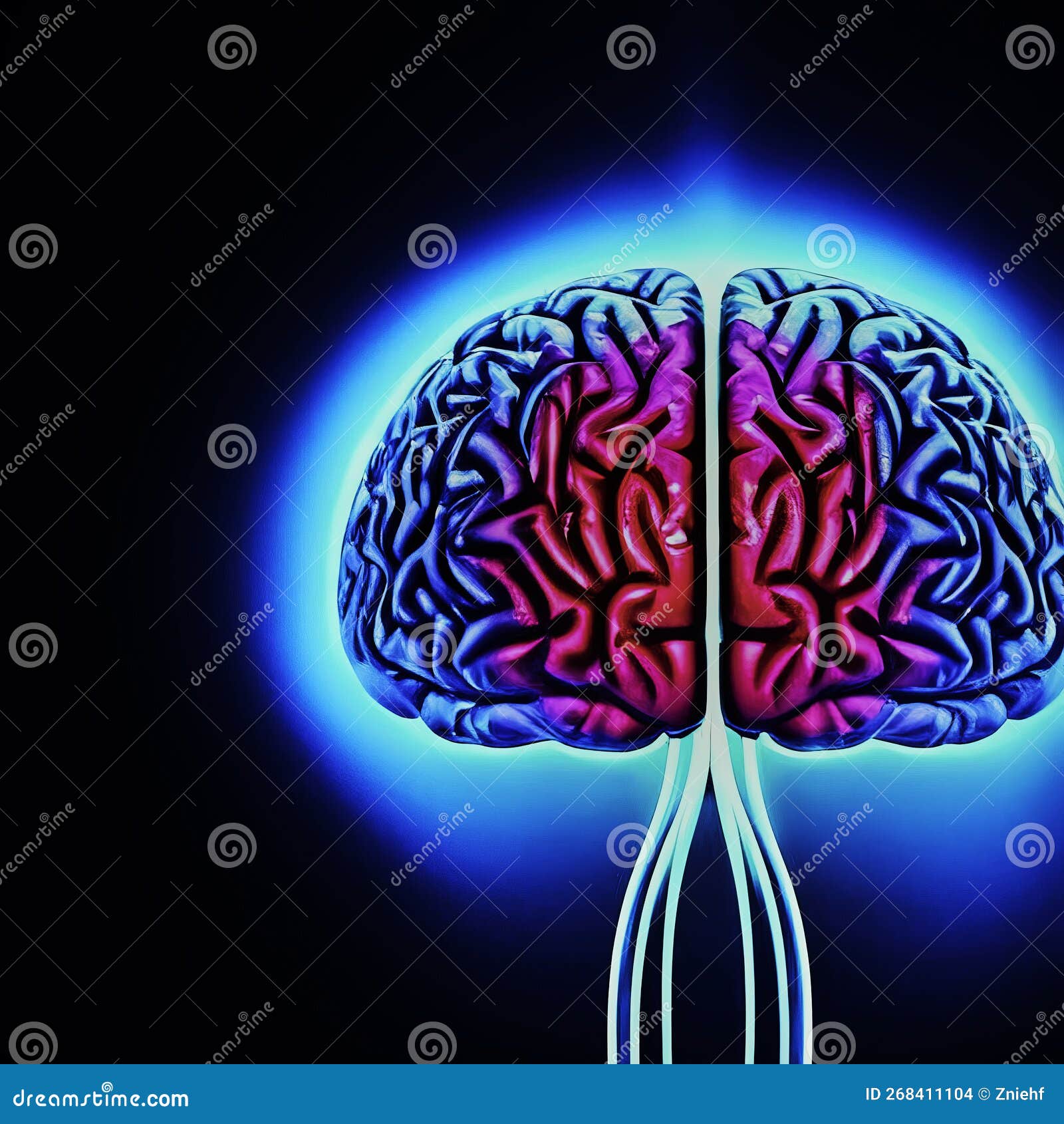 Abstract Rendering of a Glowing Blue Human Brain with Nerve Cords ...