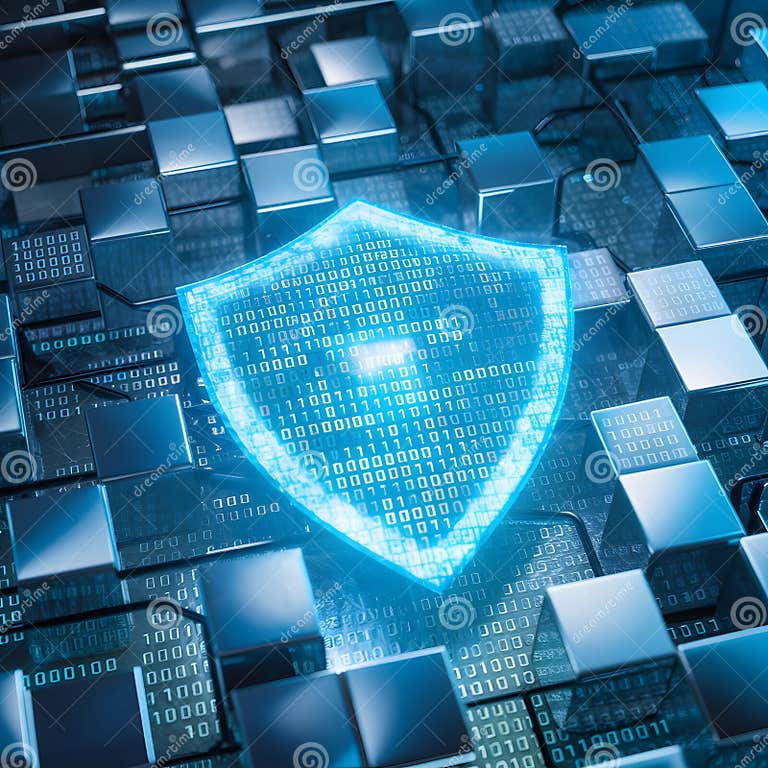 Abstract Representation Of Advanced Cybersecurity With Illuminated Cubes And Binary Code