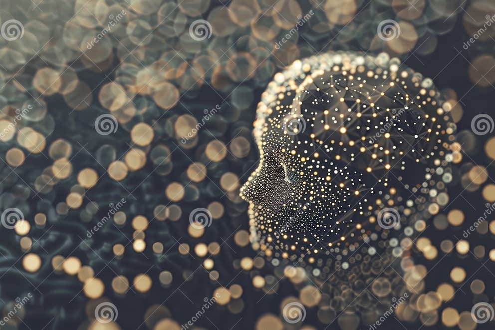 Abstract Representation Of Ai Digital Face Dissolving Into Binary Code And Neural Patterns Stock