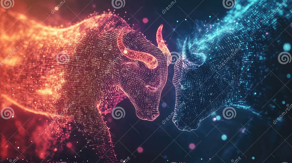 Digital Bull and Bear Market, Glowing Particle Abstract with Binary ...
