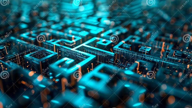 Abstract Representation of a Digital Maze with AI-driven Algorithms Navigating through Stock ...