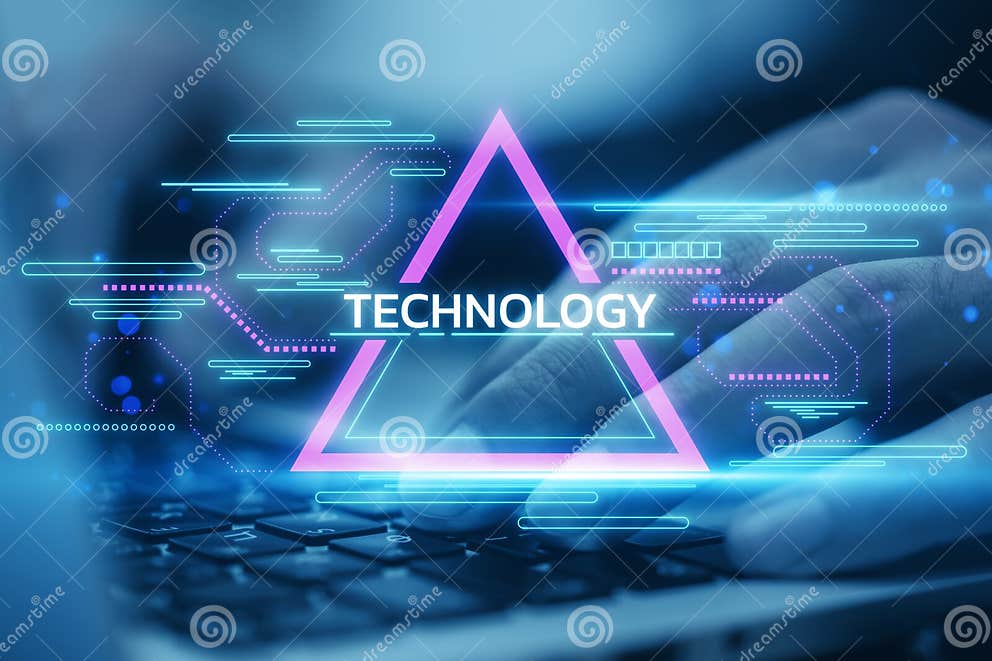 Abstract Representation of Technology with Neon Triangle and Hands on ...