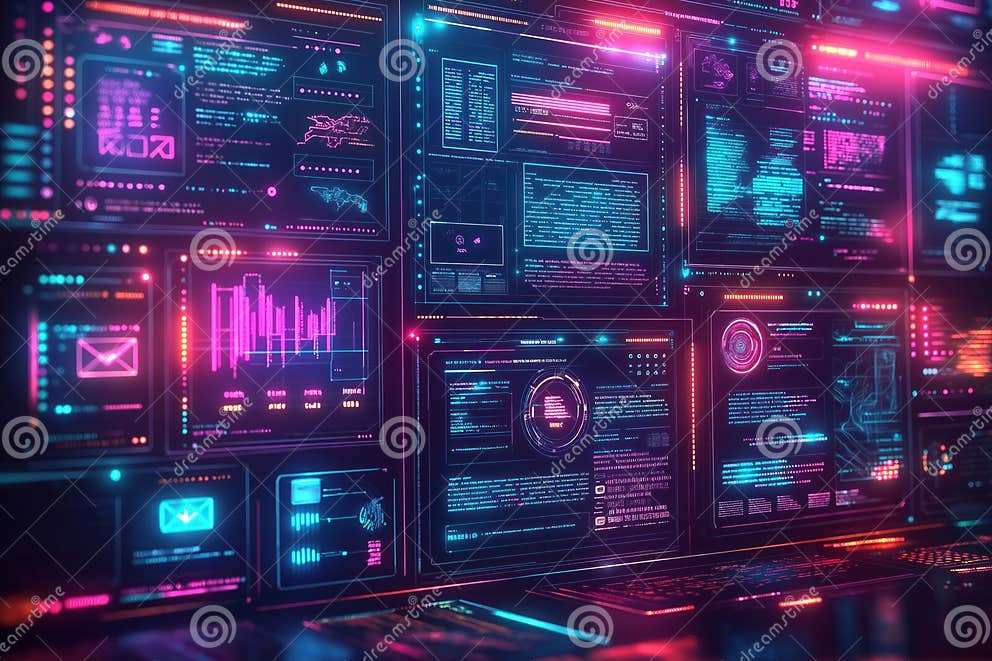 Abstract Representation of Web Design Concept. Multiple Glowing Screens Show Various Coding ...