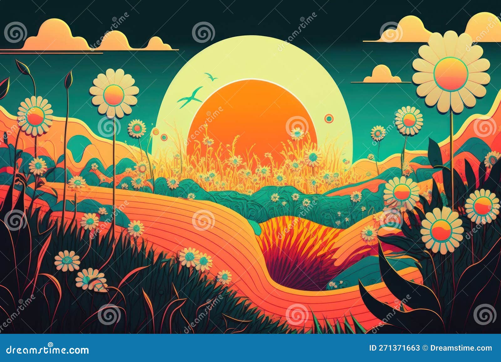 Abstract Retro Psychedelic Fancy Landscape with Vibrant Color Fields ...