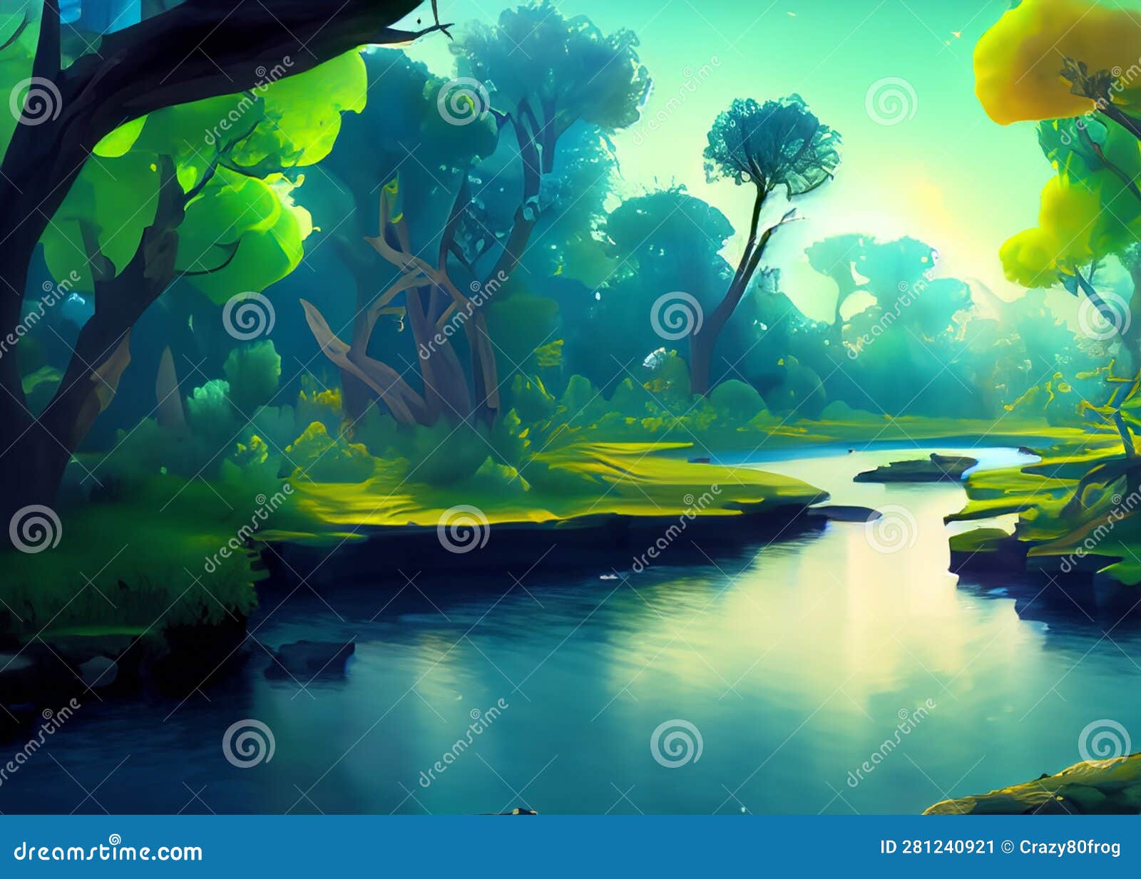 Abstract River Cartoon Style Background, Illustration of Forest Stream ...