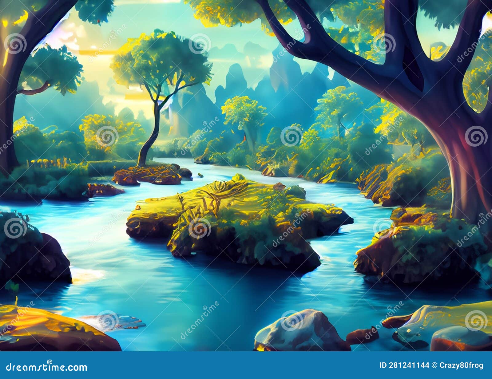 Abstract River Cartoon Style Background, Illustration of Forest Stream ...