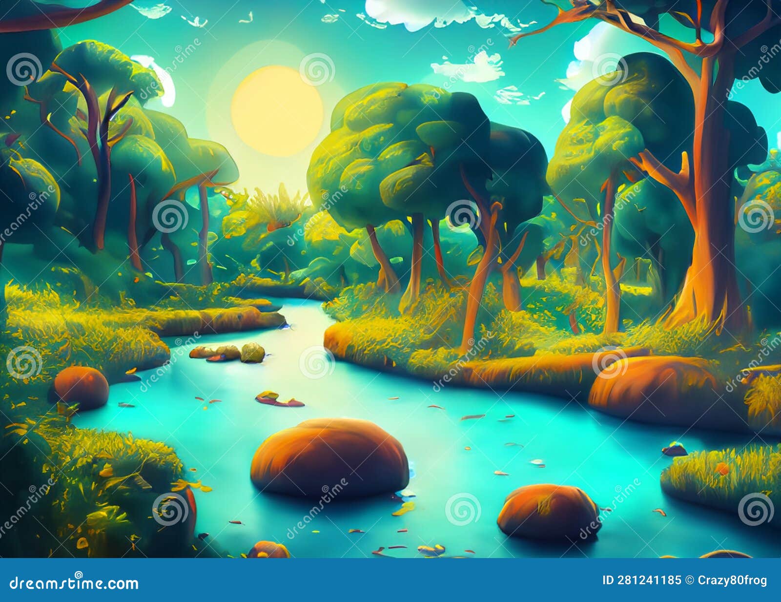Abstract River Cartoon Style Background, Illustration of Forest Stream ...