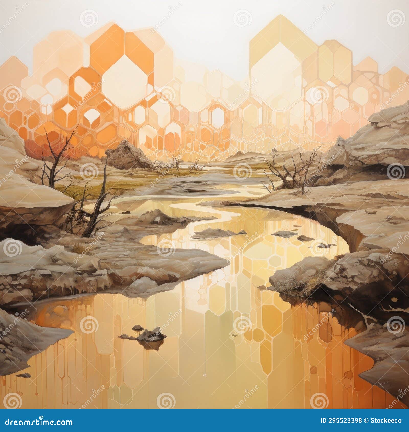 Abstract River Painting with Hexagonal Shapes in Post-apocalyptic Style ...