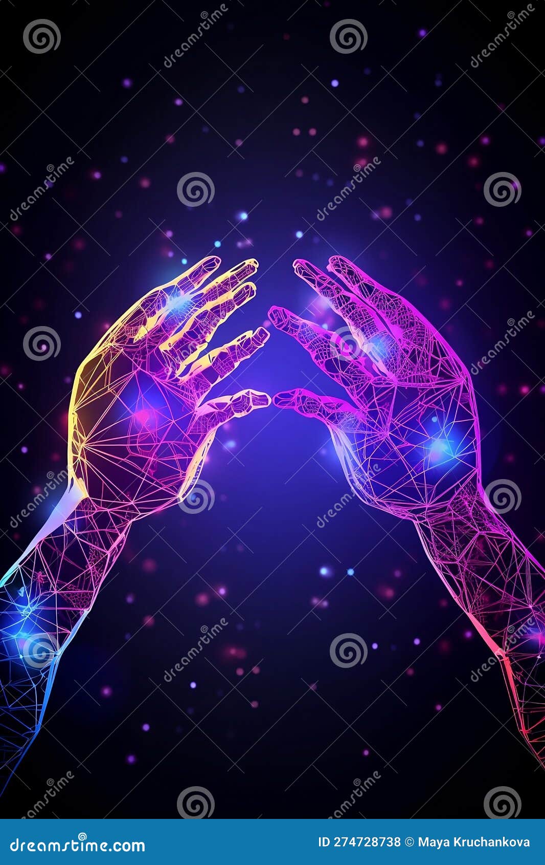Abstract Robot Hands in Blue and Purple Glow on Dark Background Stock ...