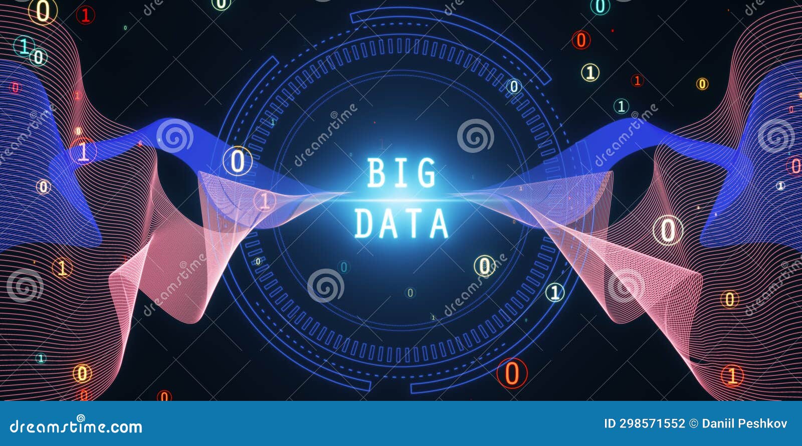 Abstract Round Big Data Hologram With Binary Code On Dark Backdrop