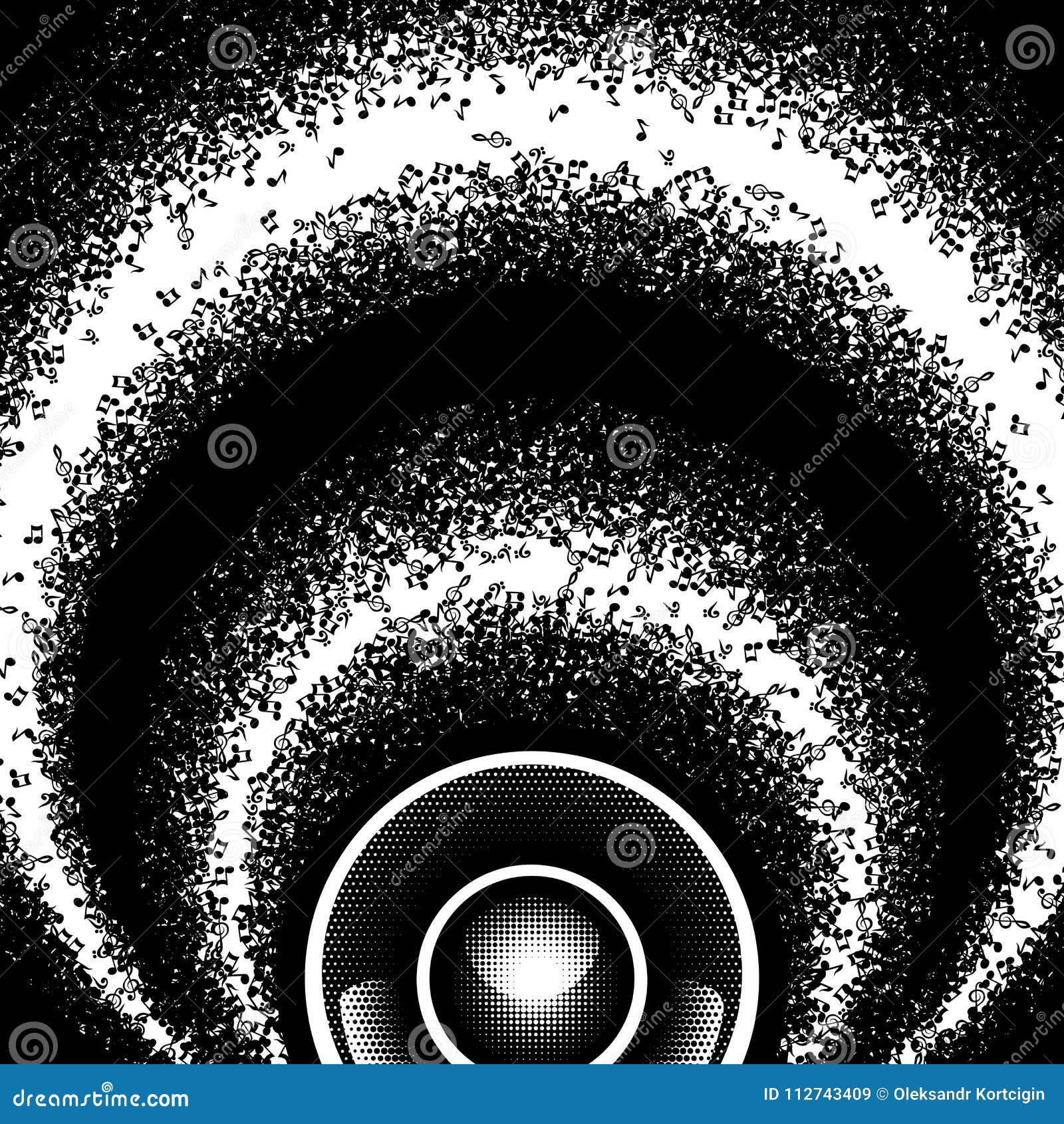 Abstract Round Monochrome Background with Music Notes and Speaker Stock ...