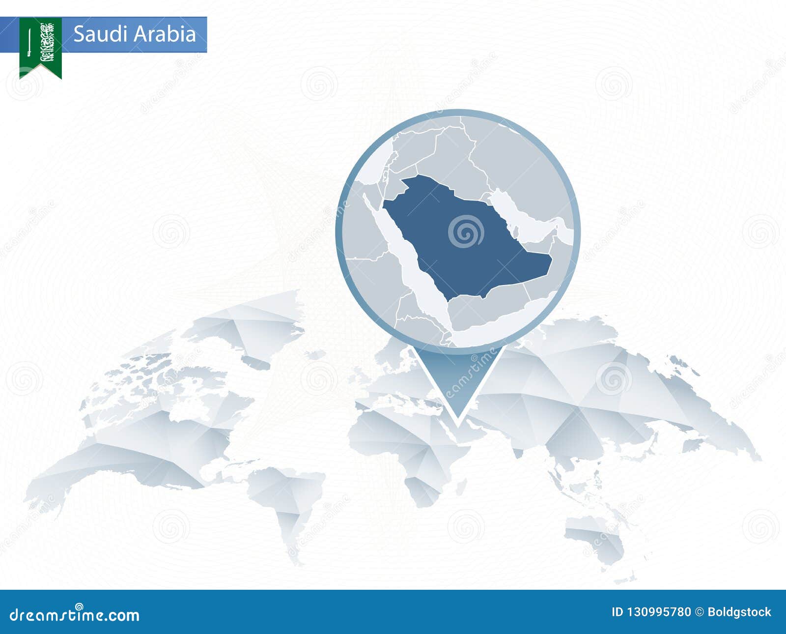 Abstract Rounded World Map with Pinned Detailed Saudi Arabia Map Stock ...