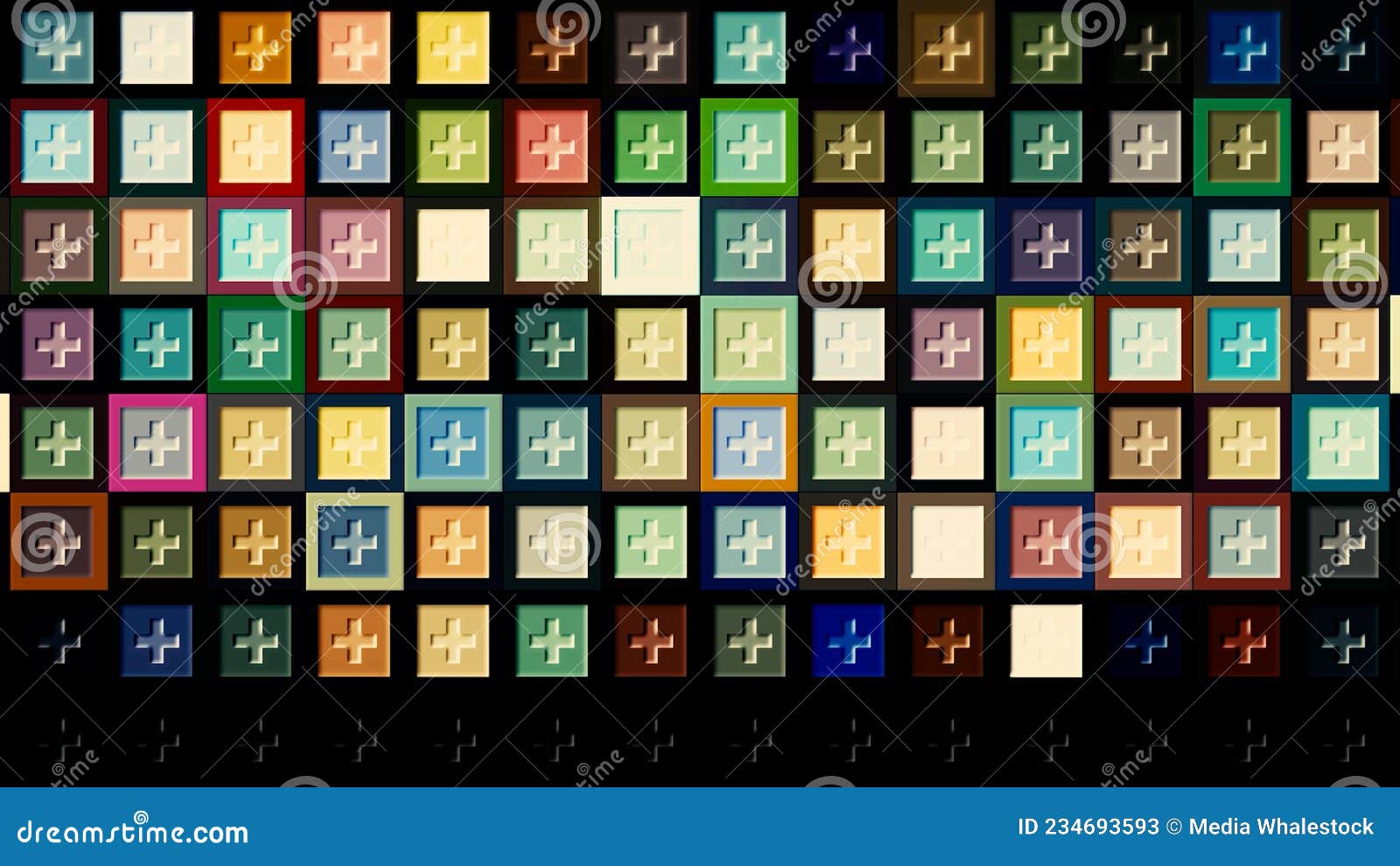Abstract Rows of Blinking Colorful Squares with a Plus Icon on a Black ...