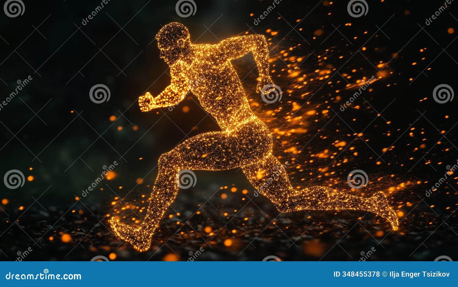 Abstract Running Man Made of Golden Particles. Digital Network ...