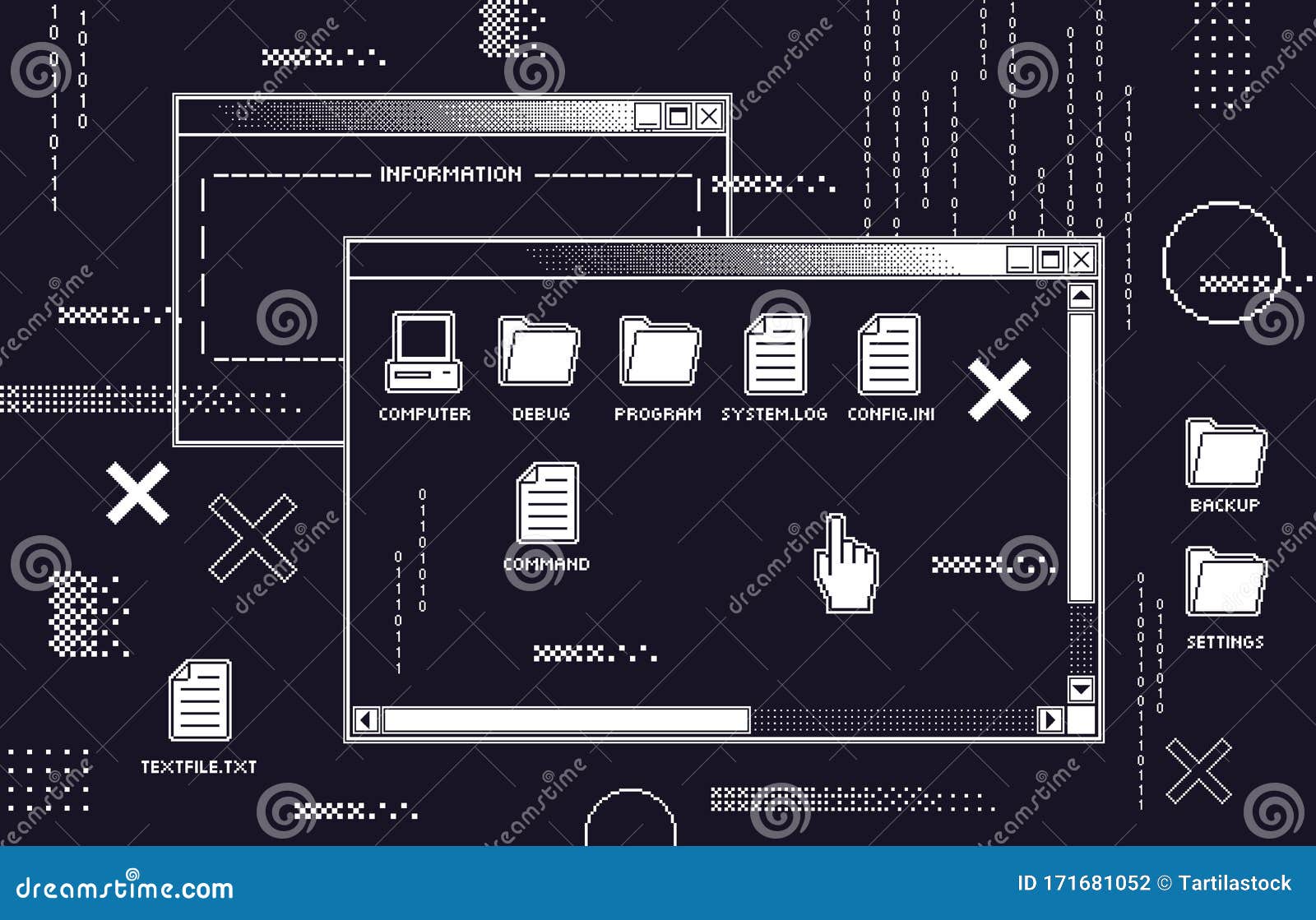 Abstract 80s Interface. Retro Computer Black Screen with Old Programs ...