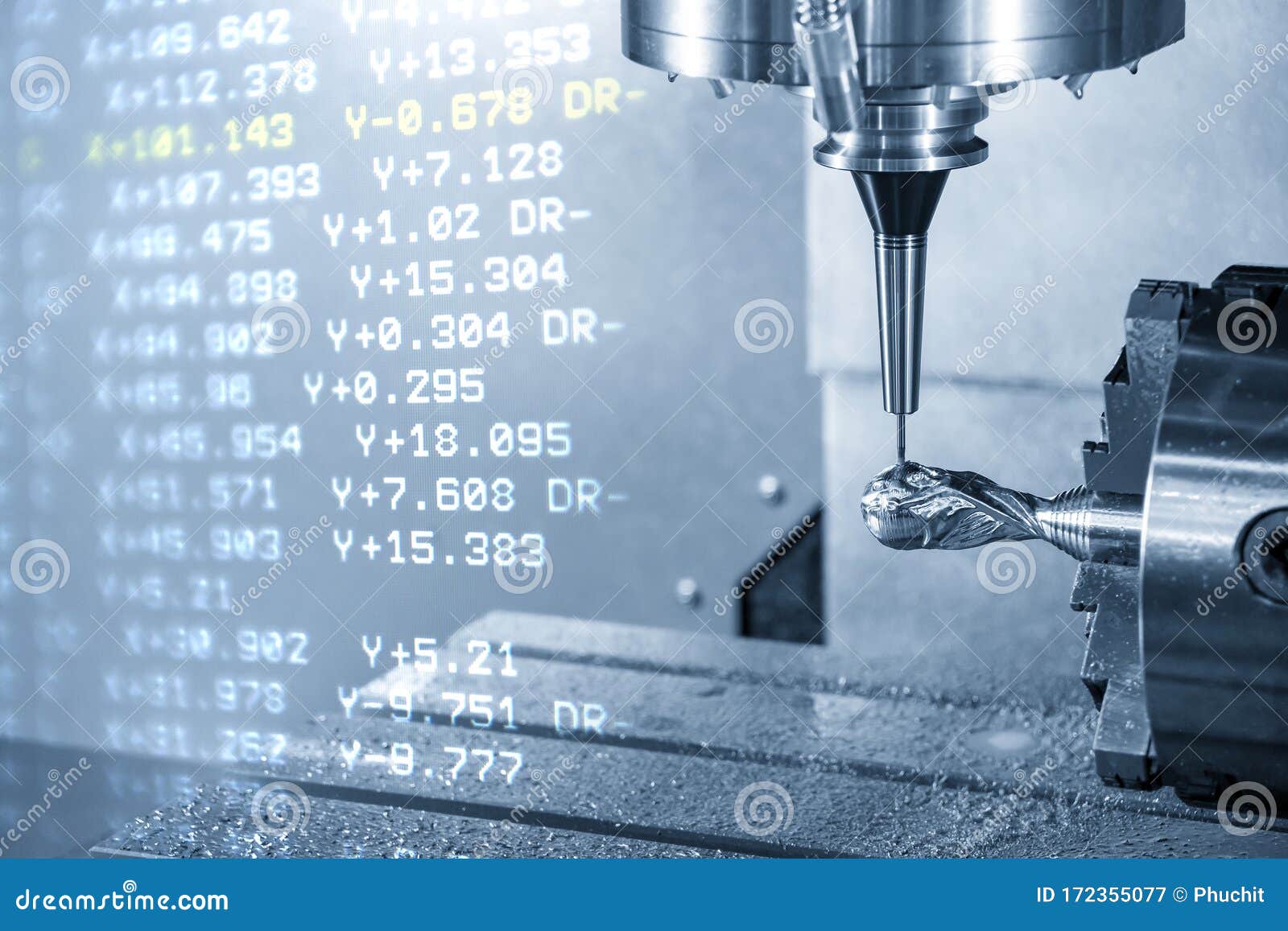 The Abstract Scene of 4-axis CNC Milling Machine Cutting the Sample ...