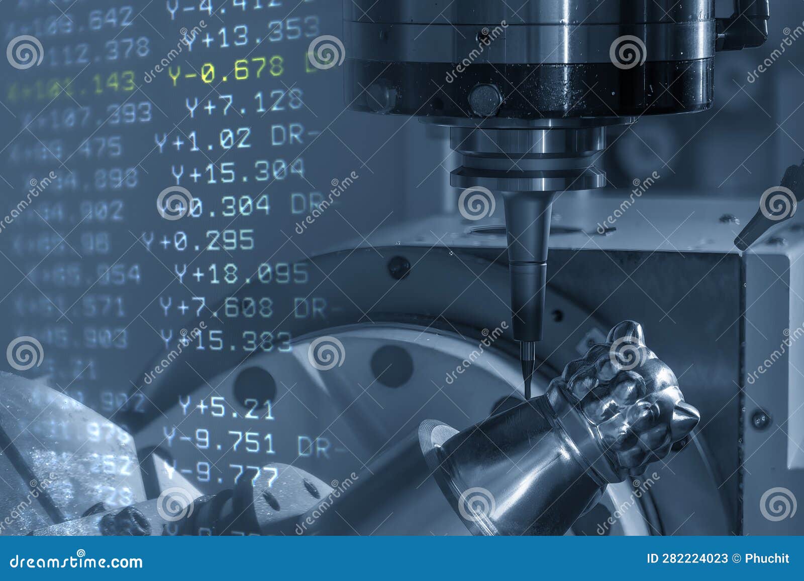 The Abstract Scene the 5-axis Machining Center Cutting the Sample Parts ...