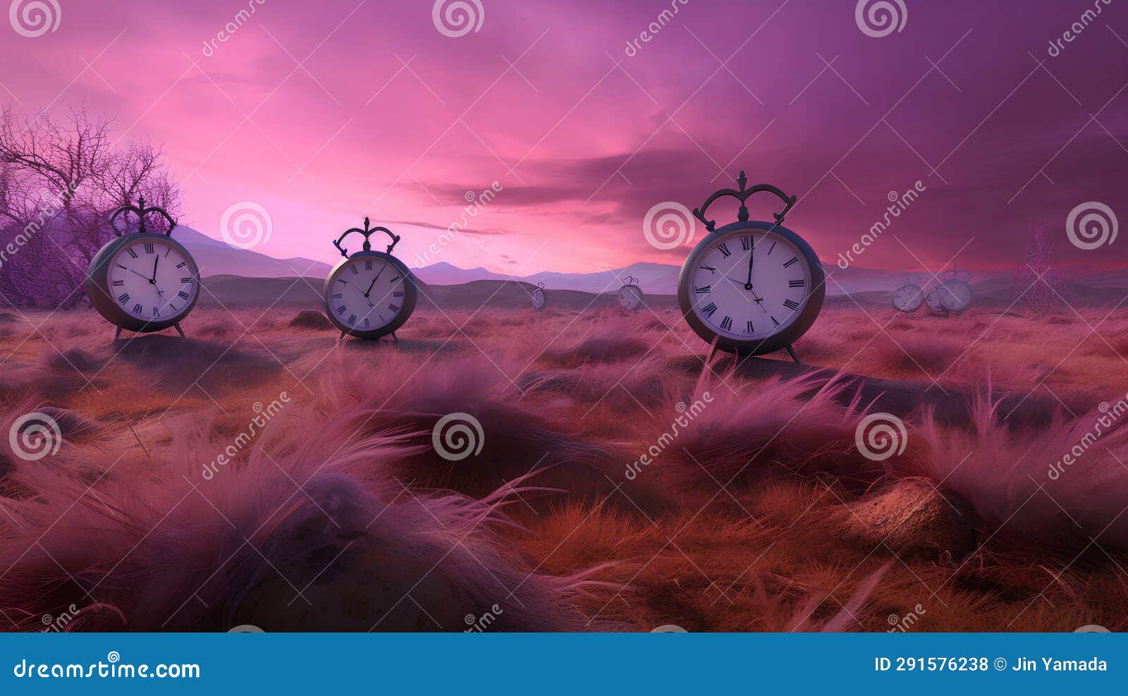 Abstract Scene with Clocks on the Meadow at Sunset. 3d Render Stock ...