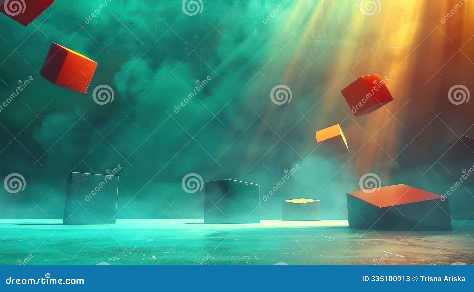 Abstract Scene with Floating Cubes and Light Rays in a Misty Atmosphere ...