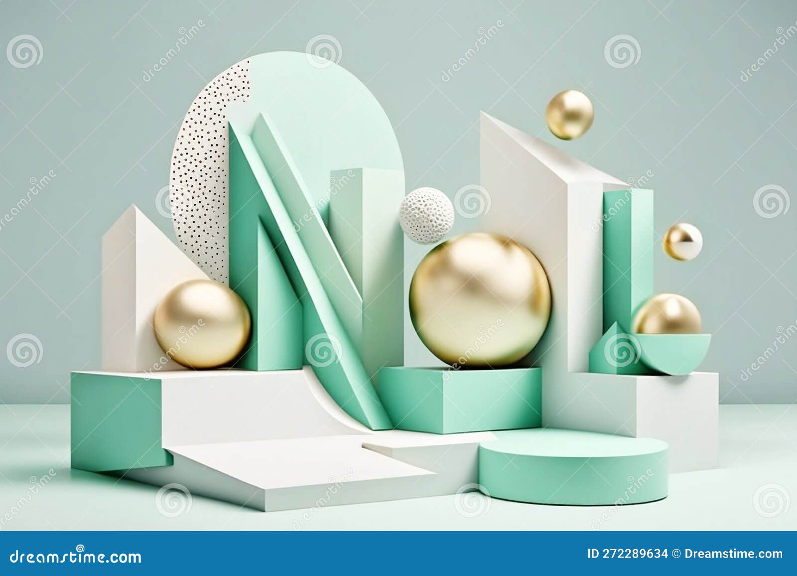 Abstract Scene with Geometric Shapes in Mint and White Colors Stock ...