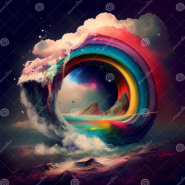 Abstract Scene with Rainbow and Clouds, 3d Illustration, Computer ...