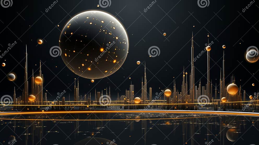 Abstract Sci - Fi Background with Golden Spheres Stock Illustration ...