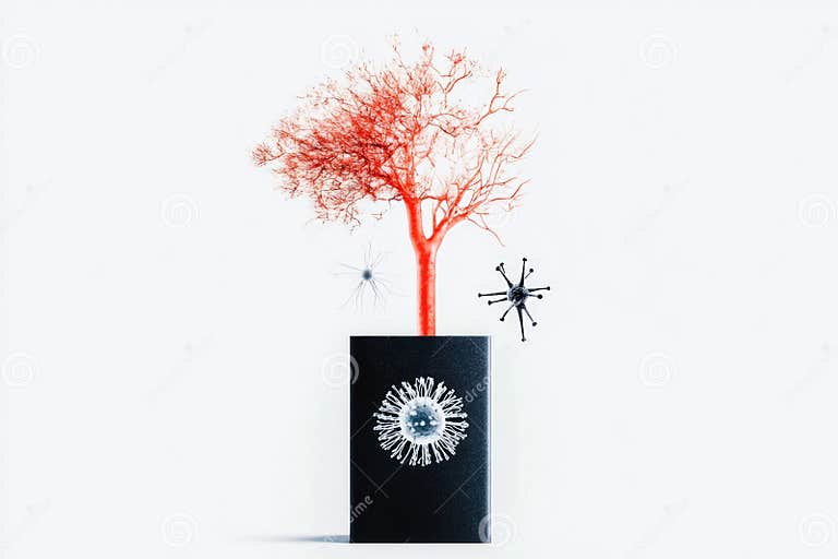 Abstract Science Art with Red Tree and Molecular Structures on White ...