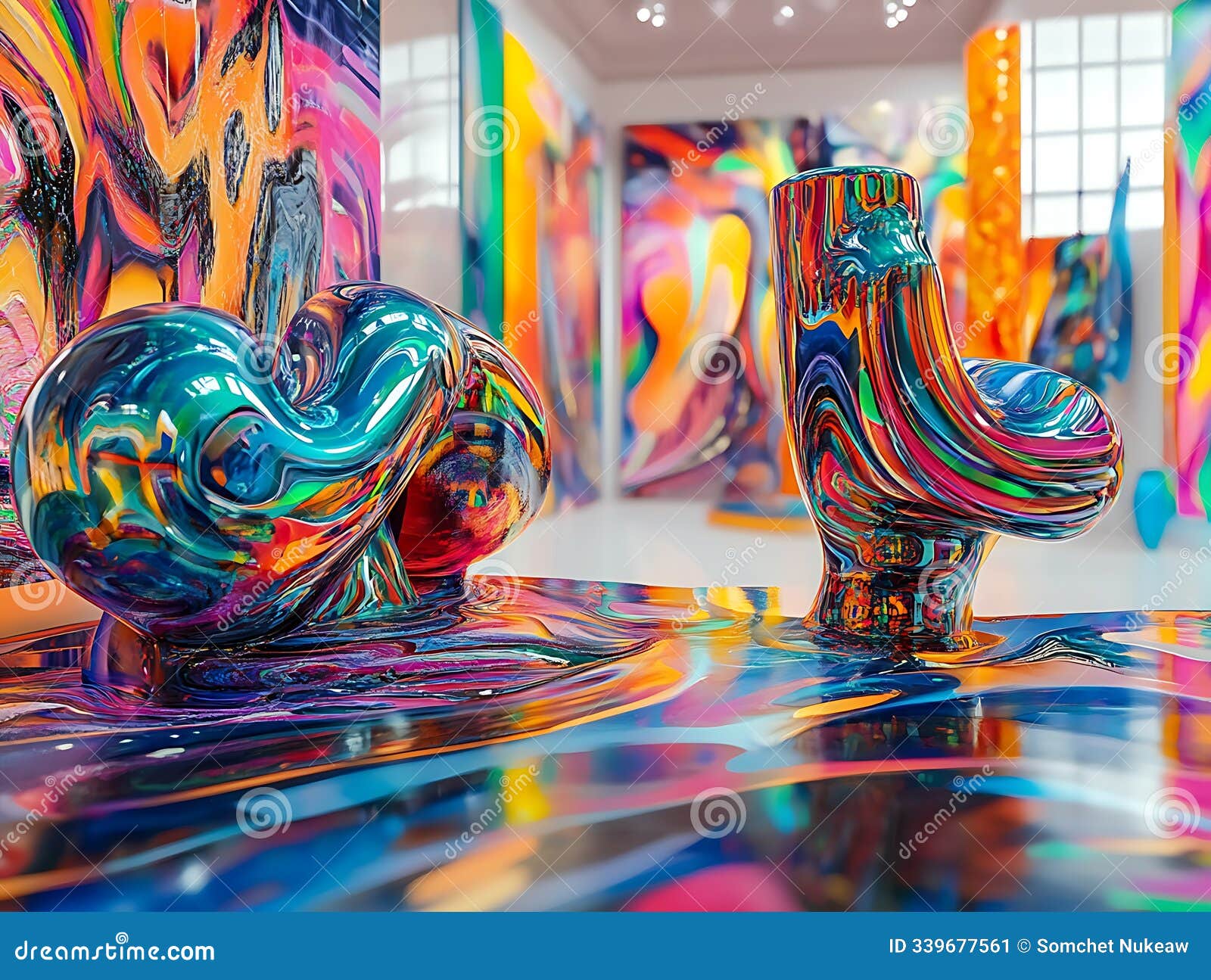 Abstract Sculptures in Vibrant Colors, a Modern Art Gallery Setting ...