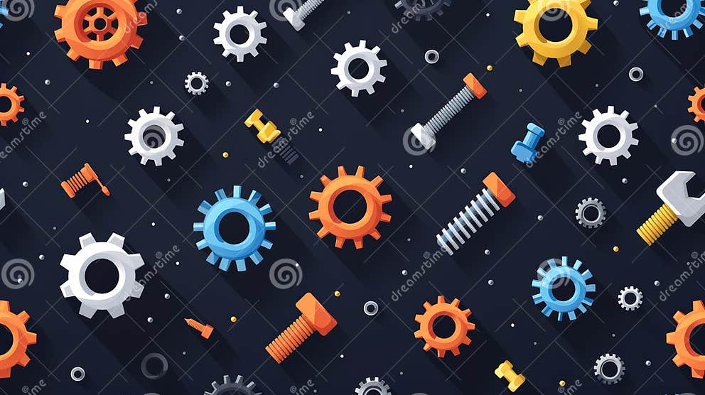 Abstract Seamless Pattern of Colorful Gears and Tools on a Dark ...