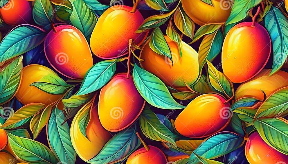 Abstract Seamless Pattern with Cute Mango, Mango and Leaves in Bright ...