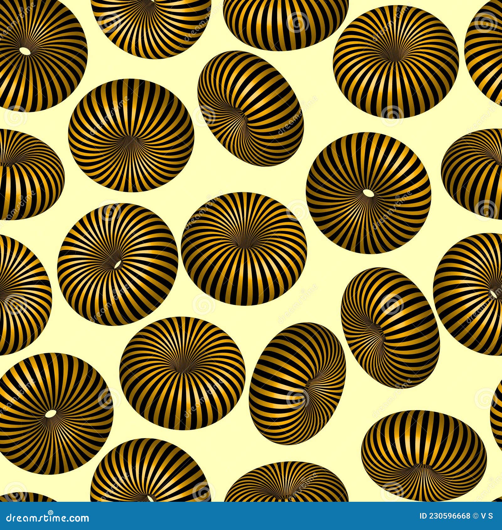 Abstract Seamless Pattern, 3d Spheres in Black and Yellow Stripes in ...