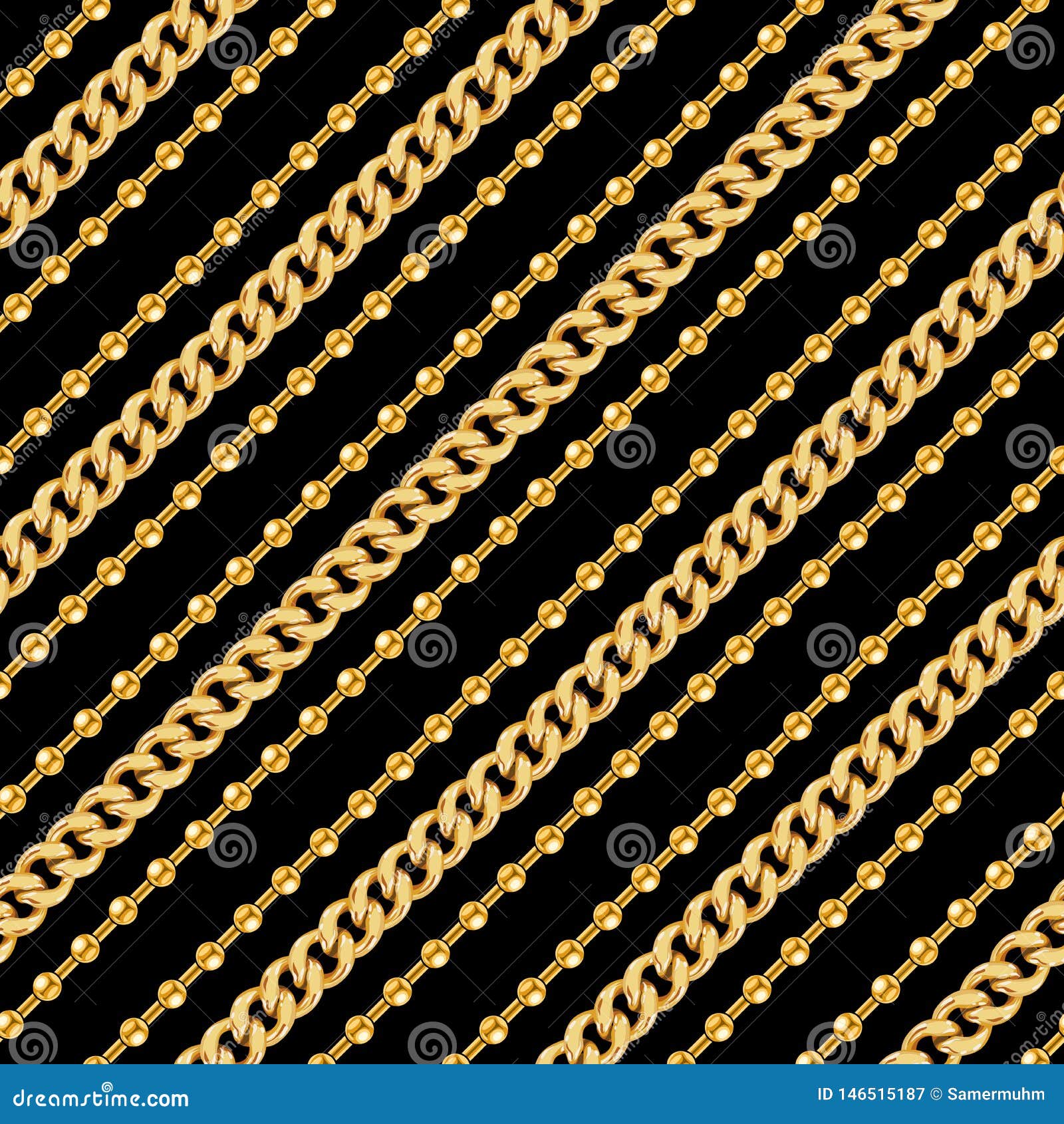 Abstract Seamless Pattern With Gold Chains On Black Background For