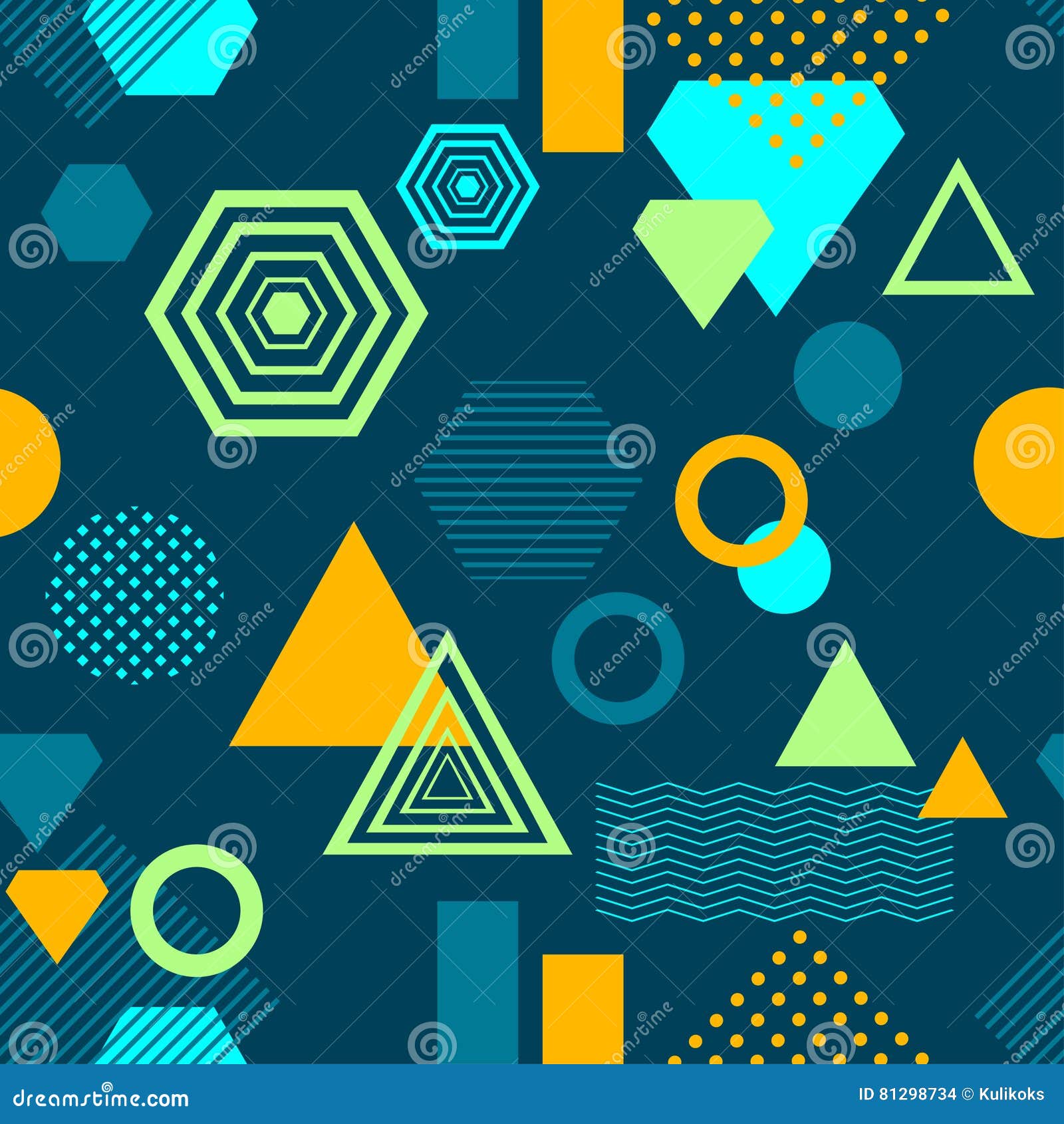 Abstract Seamless Pattern in Postmodern Memphis Style on Dark Blue ...