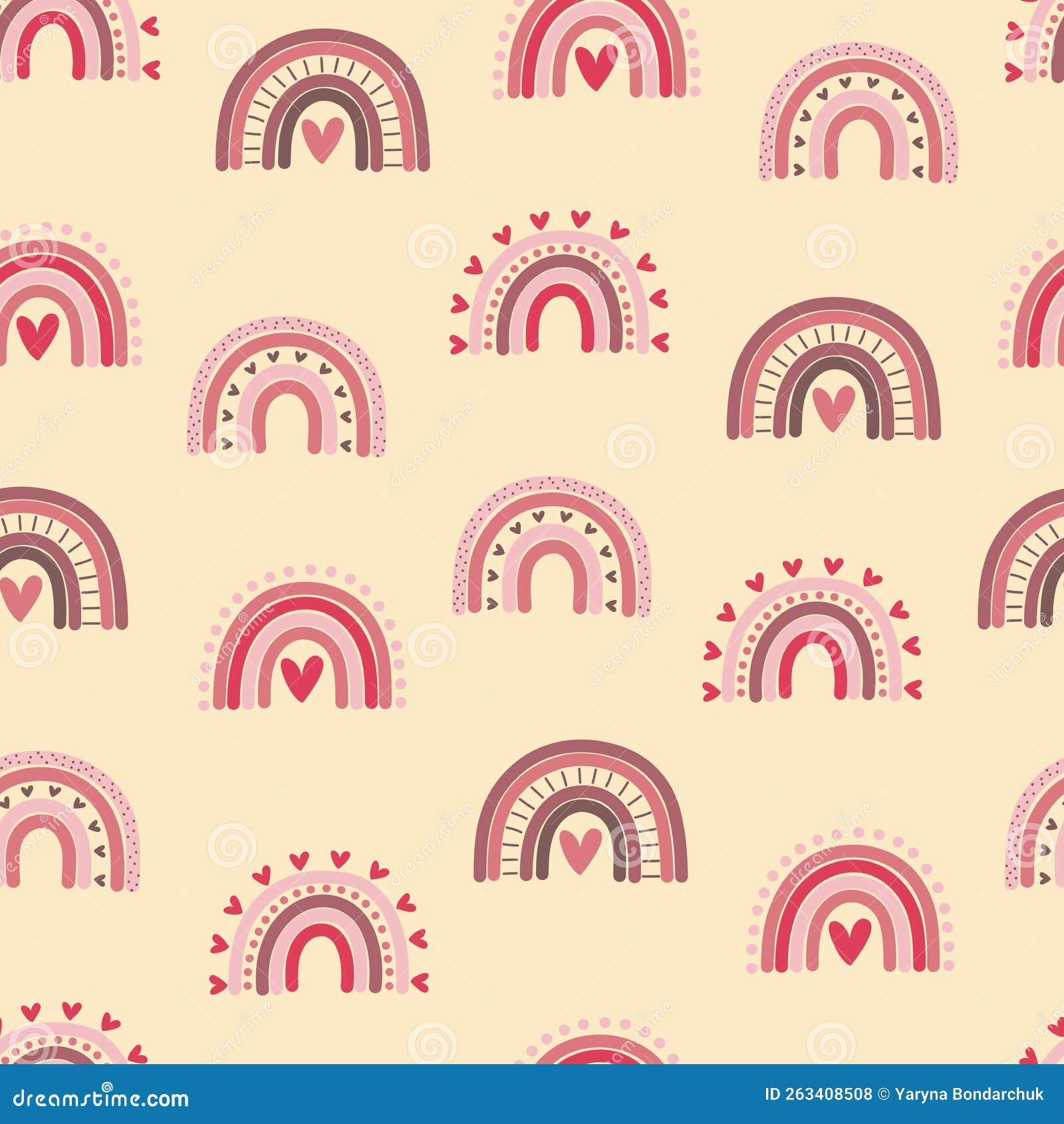 Abstract Seamless Pattern with Rainbows on Pink Background. Hand Drawn ...