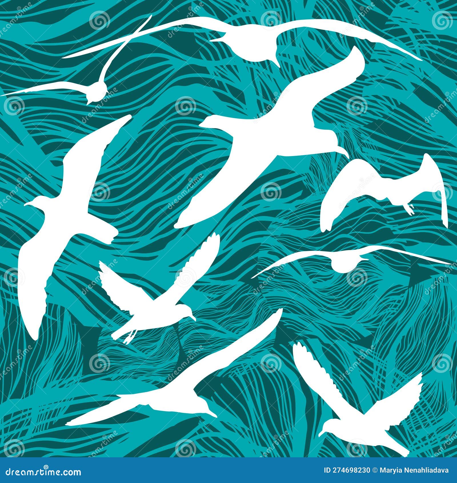 Abstract Seamless Pattern Sea Graphic and Flying Seagulls. Vector ...